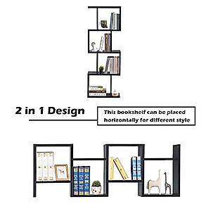 Giantex 4 Tier Bookshelf S Shaped Bookcase Set of 2, Wooden Display Decor Furniture, Free Standing Industrial Storage Rack for Living Room Bedroom Office, Modern 4 Shelf Bookcase (Black, 2)