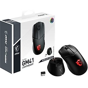 MSI Clutch GM41 Lightweight Wireless Gaming Mouse & Charging Dock, 20,000 DPI, 60M Omron Switches, Fast-Charging 80Hr Battery, RGB Mystic Light, 6 Programmable Buttons, PC/Mac