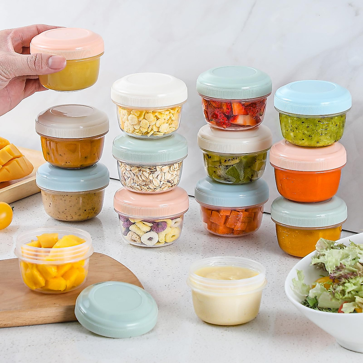 [16 Pack] 4 oz Small Containers with Lids, Reusable Plastic Containers for Snack and Puree, Salad Dressing Container to Go, Deli Containers, Freezer Baby Food Containers, Dishwasher Safe, BPA Free
