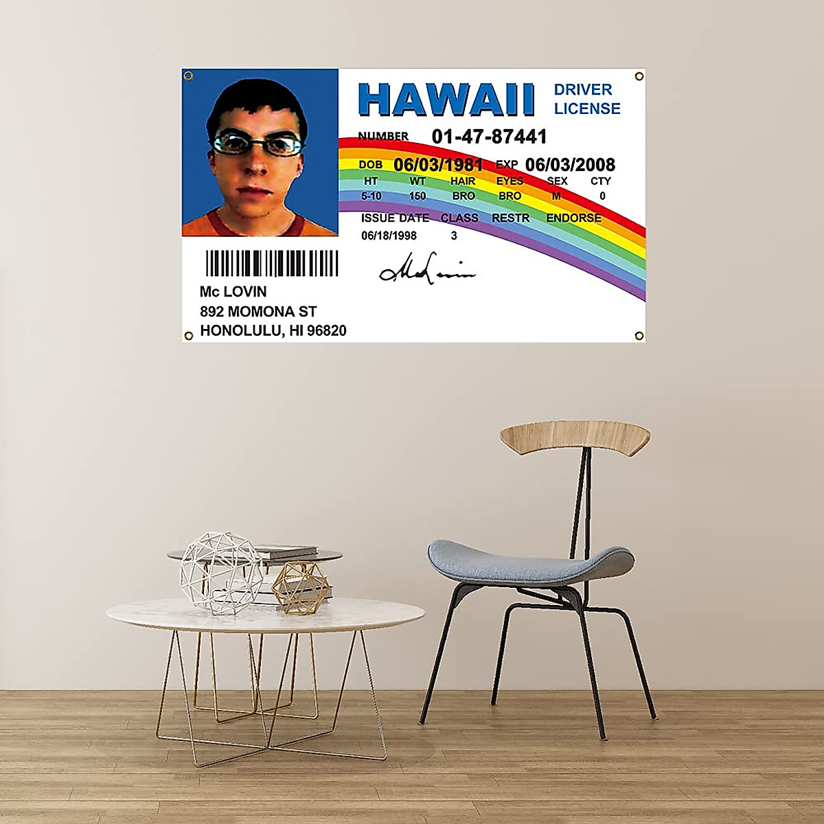 McLovin ID Flag 3x5Ft Fake Driver License Banner 3x5 Ft Funny Poster UV Resistance Fading & Durable Man Cave Wall Flag with Brass Grommets for College Dorm Room Decor,Outdoor And indoor