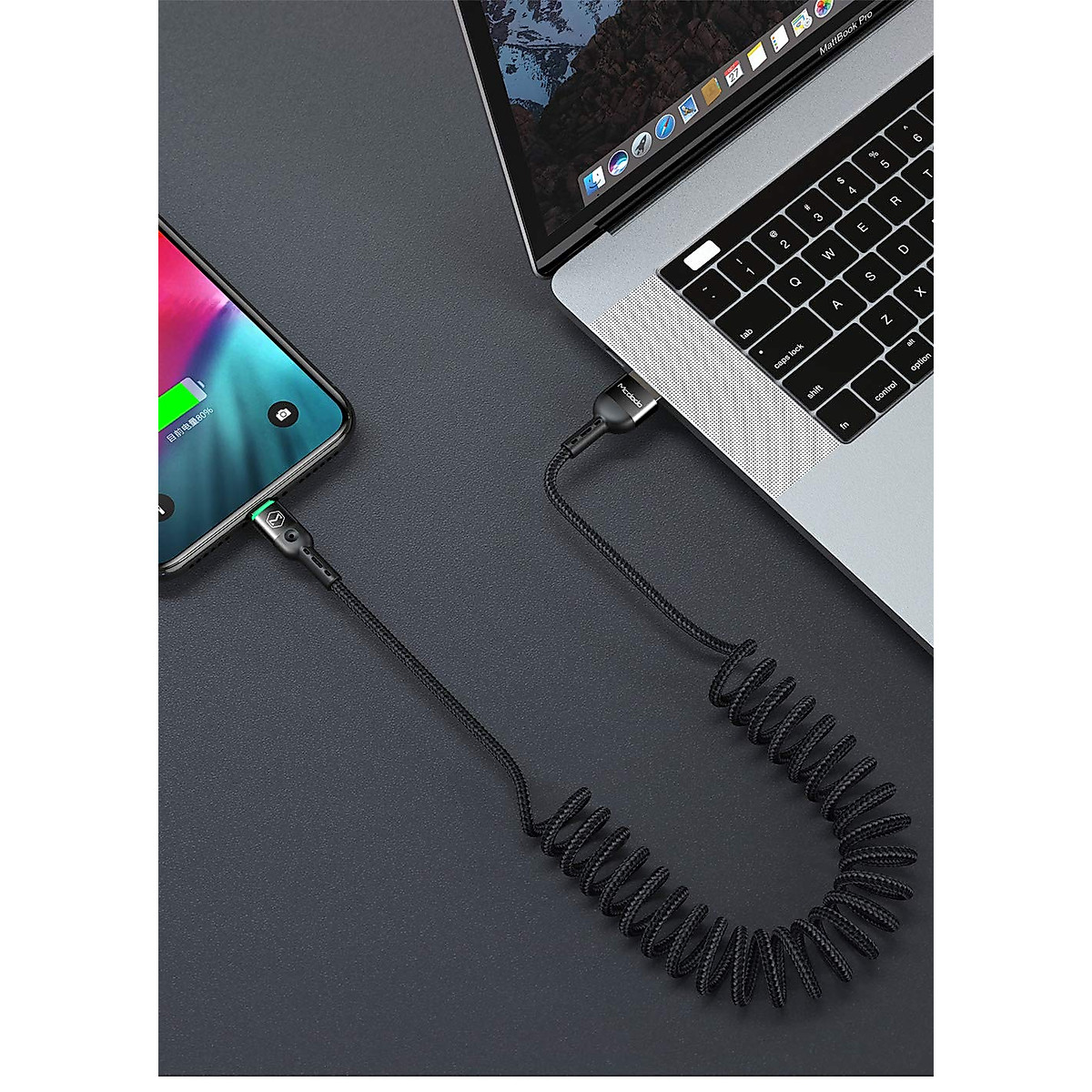 mcdodo [Type-C] Anti Winding Cable, Quick Charge QC 4.0 USB C Charging Data Coiled Cable Nylon Braided LED Compatible with Phone 15/15 Pro Max/Samsung Galaxy S20 S10 S9 S8 Plus Note10 LG Google Pixel