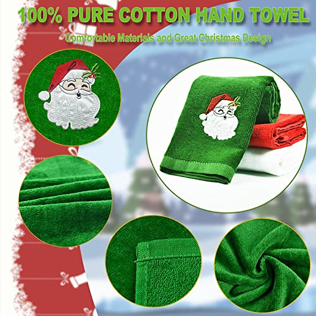 Afaris Christmas Hand Towels 16 x 25 Inch, Pure Cotton Soft Towels for Drying & Cleaning, Xmas Claus Snowman Trees for Bathroom Kitchen Wash Basin,Holiday Home Decor Set of 3(Red, White,Green)
