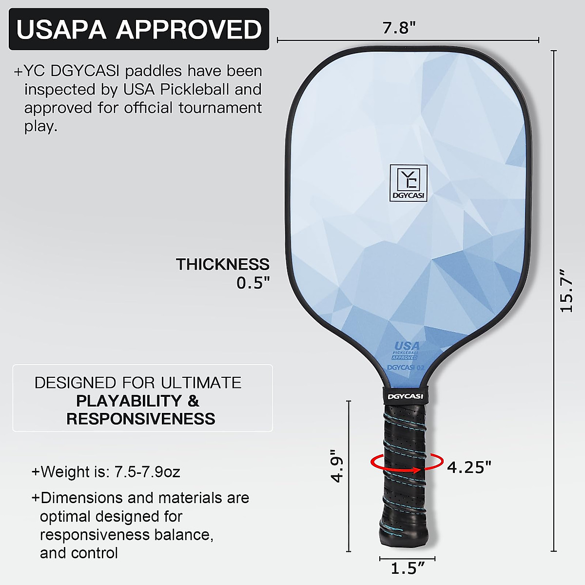 Pickleball Paddles Set of 2, 2024 USAPA Approved, Carbon Fiber Surface (CHS), Polypropylene Honeycomb Core, Anti-Slip Sweat-Absorbing Grip, 4 Pickleball, Portable Carry Bag (Blue)