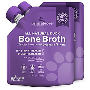 Primalvore All-Natural Duck Bone Broth for Dogs &Cats, Mobility Formula w/Collagen Peptides Supports Hip & Joints, Digestion, Skin&Coat and Hydration, Grain Free, Human Grade, Made in USA. Duck 2 Pack