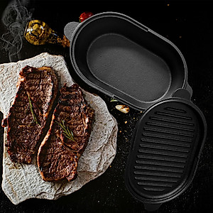 BOLVOUD Cast Iron Roaster with Skillet Lid, Pre-Seasoned Cast-Iron Garlic Roaster & Baker for Oven, Grill, Stove, Outdoor BBQ, Heavy Duty Cast Iron Cookware for Potato, Steaks, Bread