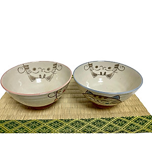 Japanese Rice Bowl Set Ceramic Blue and Pink Cute Smiling Cats Design Set of 2 Bowls Blue and Pink