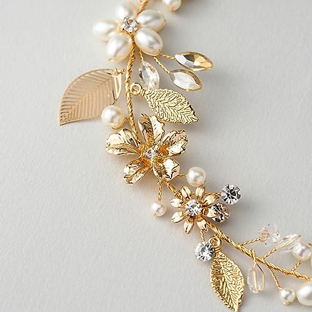 SWEETV Flower Girl Headpiece Pearl Gold Wedding Hair Accessories for Girls Flowers Headband Tiara for Birthday,party