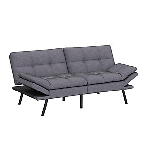 Maxspeed Futon Sofa Bed Memory Foam Sofa Couch Convertible Modern Loveseat Sleeper Sofa with Adjustable Armrests and Metal Legs,Multifunctional Grey Futon Sofa Bed for Apartment, Office, Small Spaces