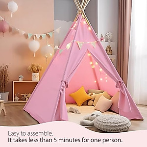 Adorable Pink Kids Teepee Tent with Star Lights, Easy to Assemble 100% Cotton Tipi Play tp Tent for Girls, Spacious Indoor Playhouse for Toddlers, Perfect for Bedroom or Playroom, Durable, Soft Fabric