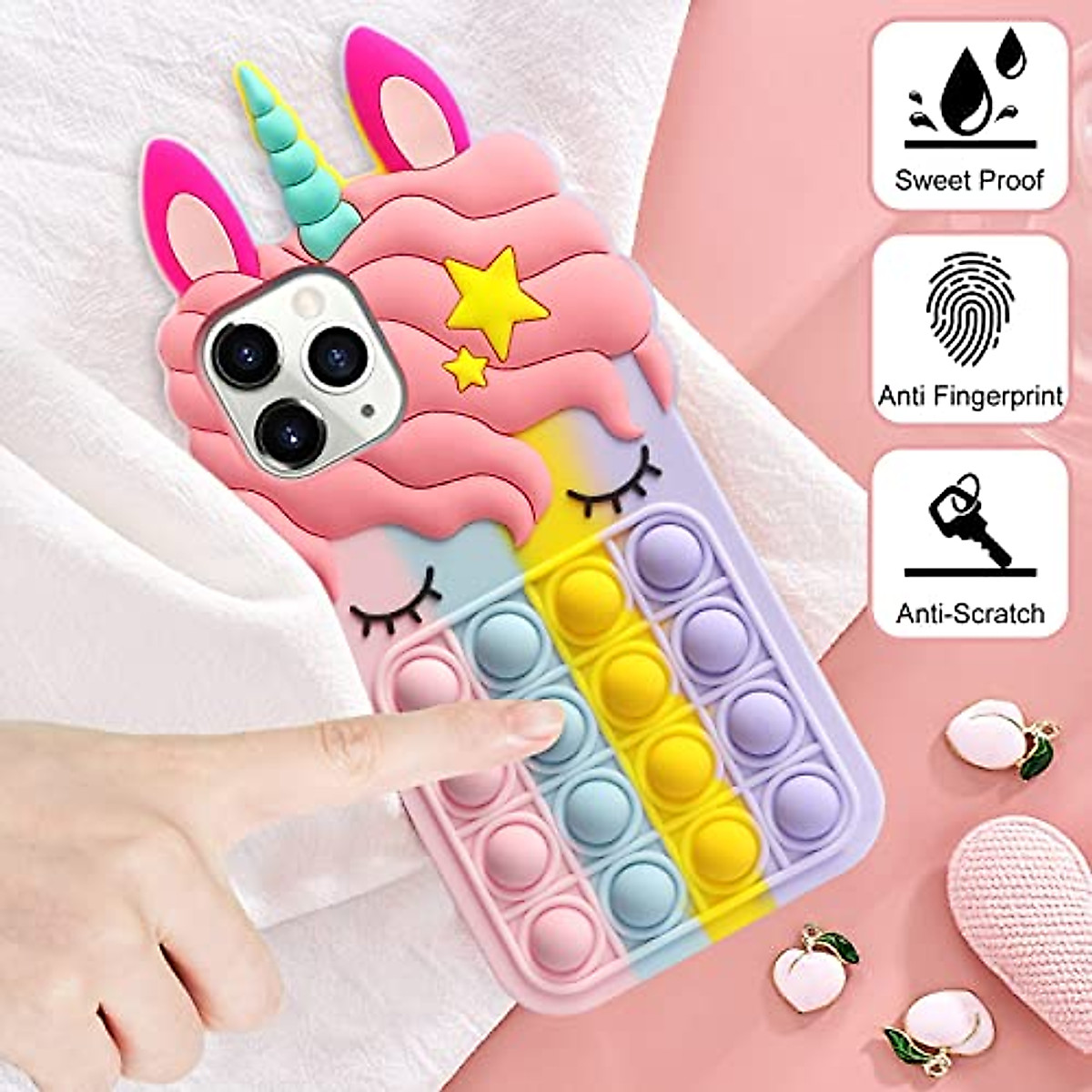 HoneyAKE Fidget Toys Phone Case for iPhone 11 Pro Max Case Bubble Bumper Protective Soft Silicone Shockproof Stress Reliever Pop Phone Cover Shell for Women Girls iPhone 11 Pro Max 6.5'', Rainbow