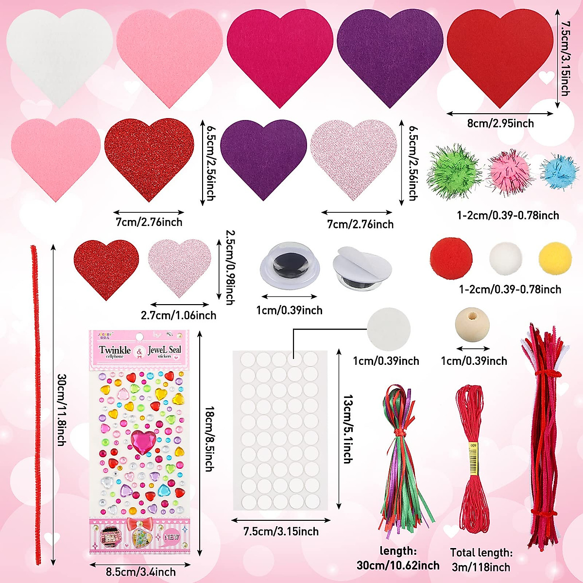 400 Pieces DIY Valentines Heart Craft Set DIY Felt Heart/Owl Craft Supplies Assorted Heart Shapes Felt with Pom Poms Cleaners Googly Eyes for Valentines Party Favor Decoration (Heart)