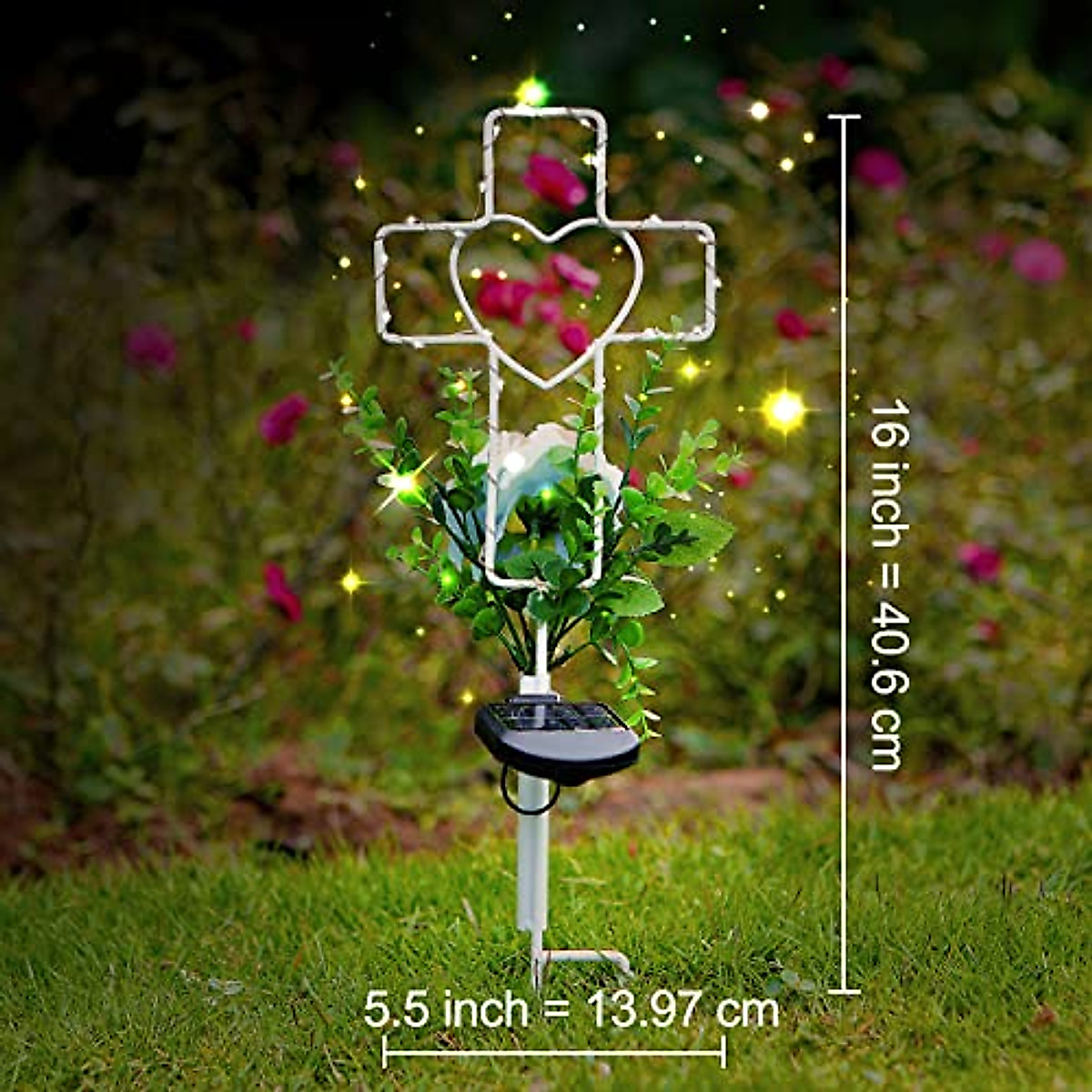 Joyathome 16 Inch Solar Cross Garden Stake Lights with 1 Artificial Flower Metal Garden Art for Patio Lawn Garden Decor Solar Outdoor Love Sign for Gravesites Memorial and Ideal Gifts for Loved Ones