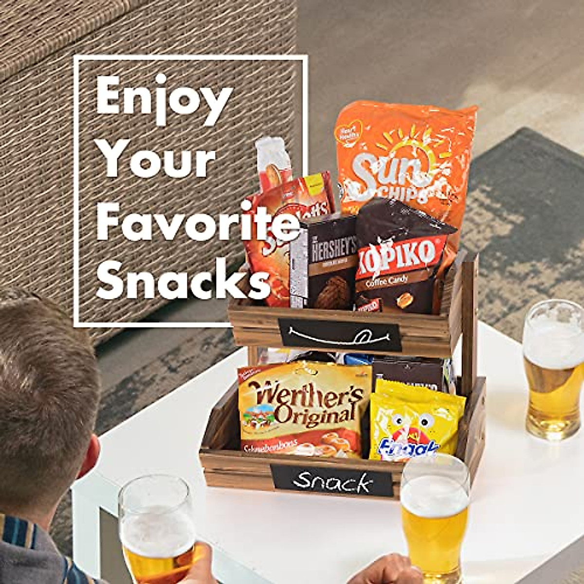 Rustic Fruit Basket, 2 Tier Standing Fruit Basket, Wooden Food Organizer & Retro Vegetable Stand Bread Racks, Farmhouse Food Basket for Kitchen, Office, Dining Room and Guest Room (Need Assemble)