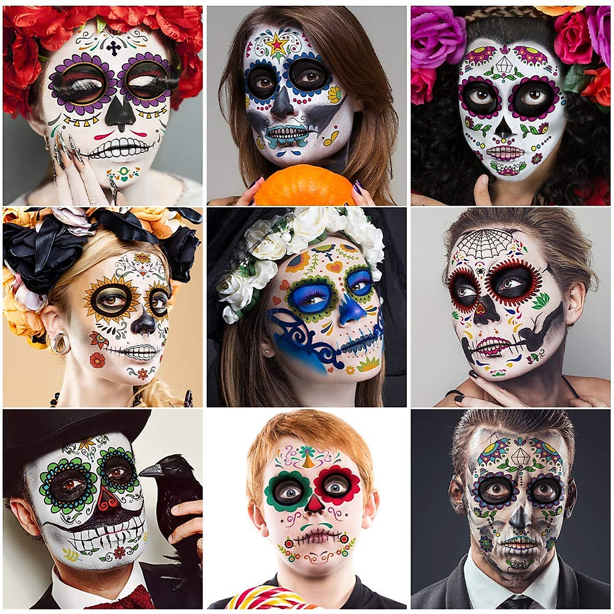 Day of the Dead Face Skeleton Tattoos/Dia De Los Muertos, Halloween Temporary Sugar Skull Costume Makeup Tattoos for Women/Men/Adults, 10 Sheets Floral Rose Party Costume Stickers Decor Match Catrina