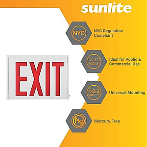 Sunlite 05276 LED Steel Exit Sign, White Housing with Bright Red Lettering, 90-Minute Battery Power Back-Up, Dual Voltage 120-277V, Ceiling or Wall Mount, Long Lasting, Fire Safety, NYC Compliant