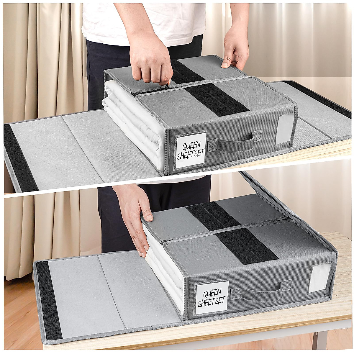 BIKTIC SheetCube Bed Sheet Organizers and Storage,4 Pack Sheet Folder Organizer (Queen or King Size), Linen Closet Organizer for Bedding Sheets,Duvet Covers and Pillow cases,Grey