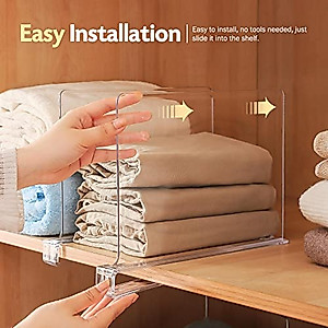 Sclvdi Acrylic Shelf Dividers,4 Pcs Closets Shelf Organizer for Clothing Handbags Books in Pantry, Bedroom and Kitchen, Adjustable Clear Closet Separator Wood Shelves Organize