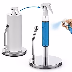 Paper Towel Holder with Spray Bottle by Elevated Essentials - Heavy Non Slip Weighted Stainless Steel Base for One Handed Operation - The Perfect Countertop Kitchen Paper Towel Holder