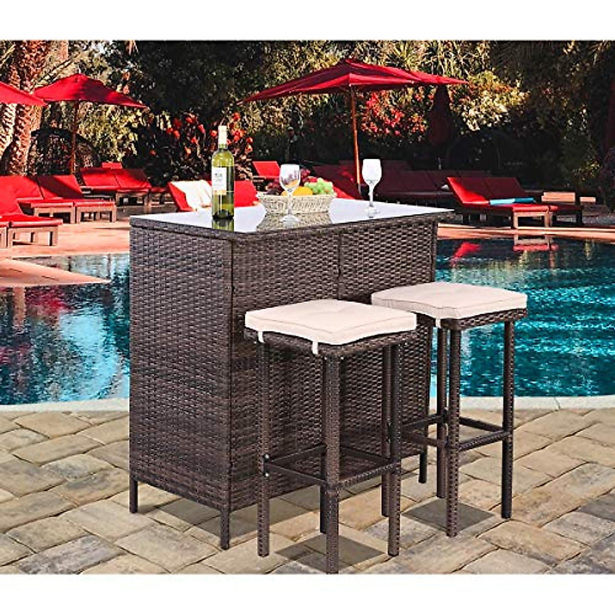 Polar Aurora 3PCS Patio Bar Set with Stools and Glass Top Table Patio Wicker Outdoor Furniture with Beige Removable Cushions for Backyards, Porches, Gardens or Poolside