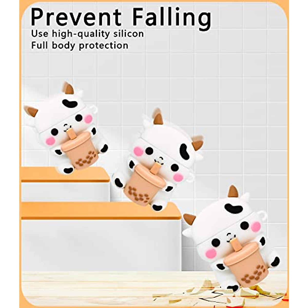 Cute Airpods 1&2 Case Cover, 3 Pack Boba Tea Cow 3D Cartoon Funny Character Kawaii Cute Airpod Case, Soft Silicone Case for Airpods 1/2 with Keychain for Women Girls Kids - Cow+Avocado+Lovely Chick