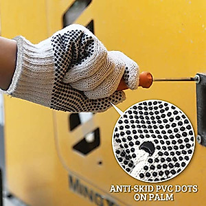 Evridwear Cotton Polyester String Knit Shell Safety Protection Work Gloves for Painter Mechanic Industrial Warehouse Gardening Construction Men & Women 12 Pairs, With one Side Dots, L Size