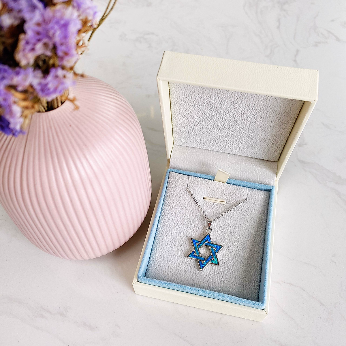 FANCIME Star of David Necklace for Women Hanukkah Gifts 925 Sterling Silver Blue Created Opal Necklace Charm Geometric Pendant Jewelry for Women