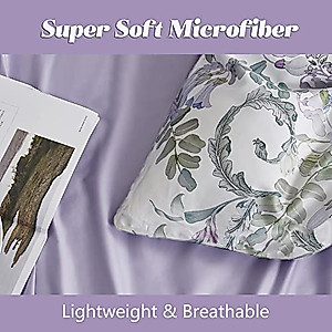 Purple Duvet Cover Set Floral Garden Style King 3 Pieces Bedding Set, Ultra Soft Green Leaves Botanical Flowers Pattern Lavender Reversible Farmhouse 1 Comforter Cover + 2 Pillowshams(No Comforter)