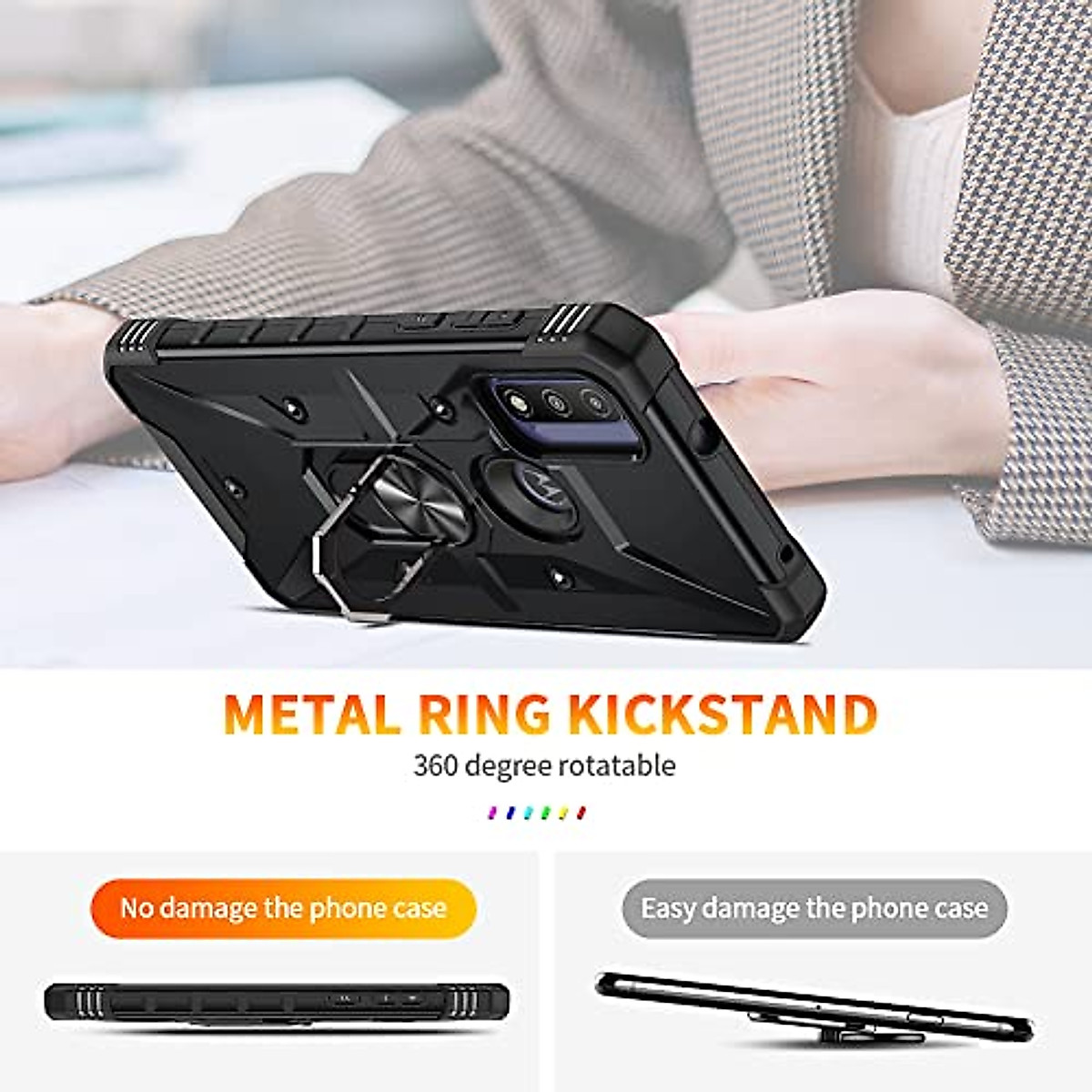 Vecomelo for Moto G Play 2023 Case with HD Screen Protector, [Military Grade] 16ft. Drop Tested Cover with Magnetic Kickstand Car Mount Protective Case for Motorola G Play 2023, Black