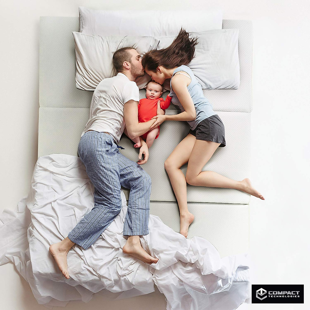 CT Compact Technologies Portable Mattress - 60 x 80 x 6 inches - Folding Memory Foam Guest Fold Up Bed w/Case | Tri-Fold Travel Away Floor, Futon & Camp Cot Topper for Fast Trifold Foldable (Queen)