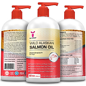 Pure Wild Alaskan Salmon Oil for Dogs, Cats, Ferrets - 32 oz Liquid Omega 3 Fish Oil, Pump on Food - Unscented All Natural Supplement for Skin and Coat, Joints, Heart, Brain, Allergy, Weight, Immune