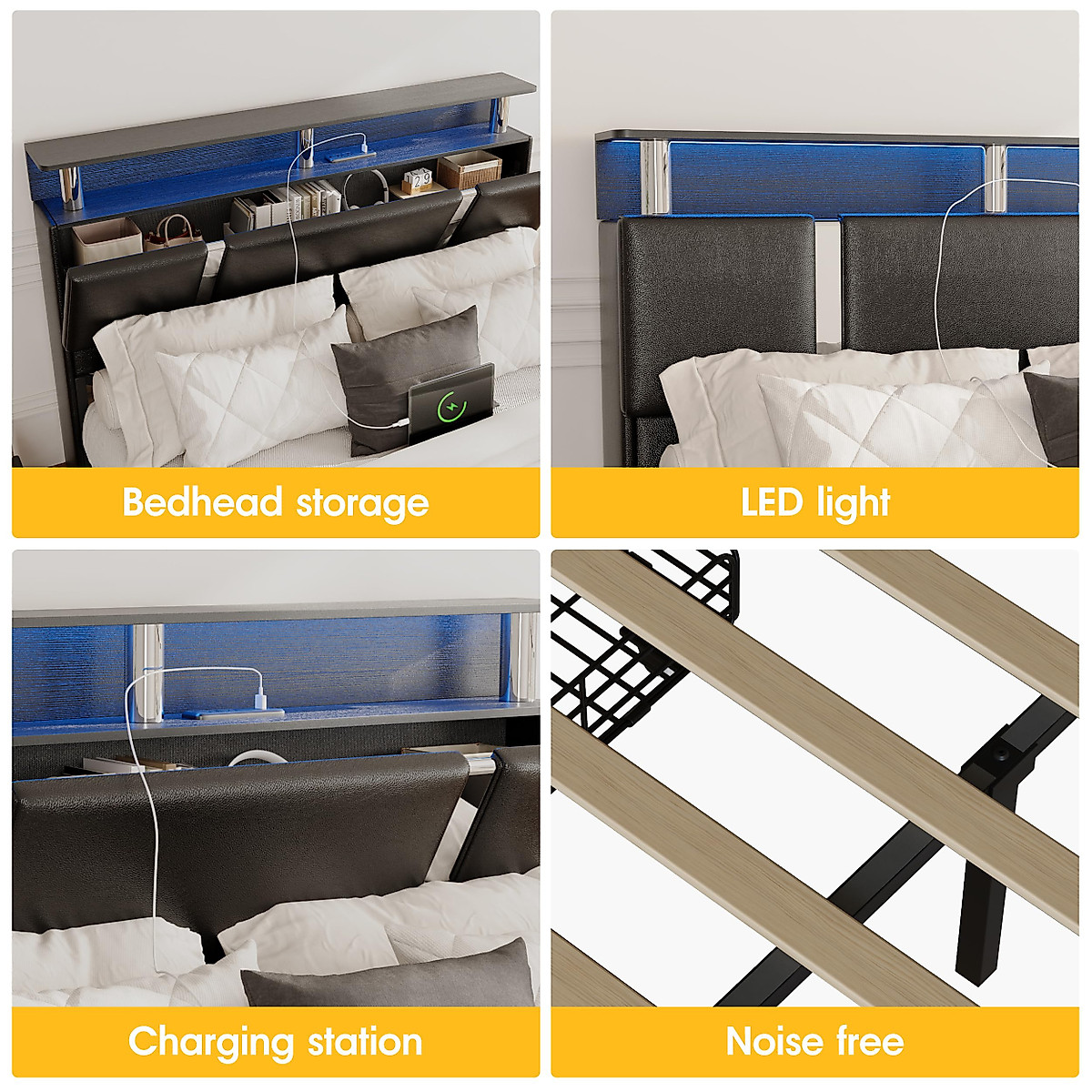 Fameill Queen Bed Frame with 4 Drawers & Storage Headboard, Modern Upholstered Faux Leather Platform Bed with LED Lights, Charging Station, No Box Spring Needed, Black