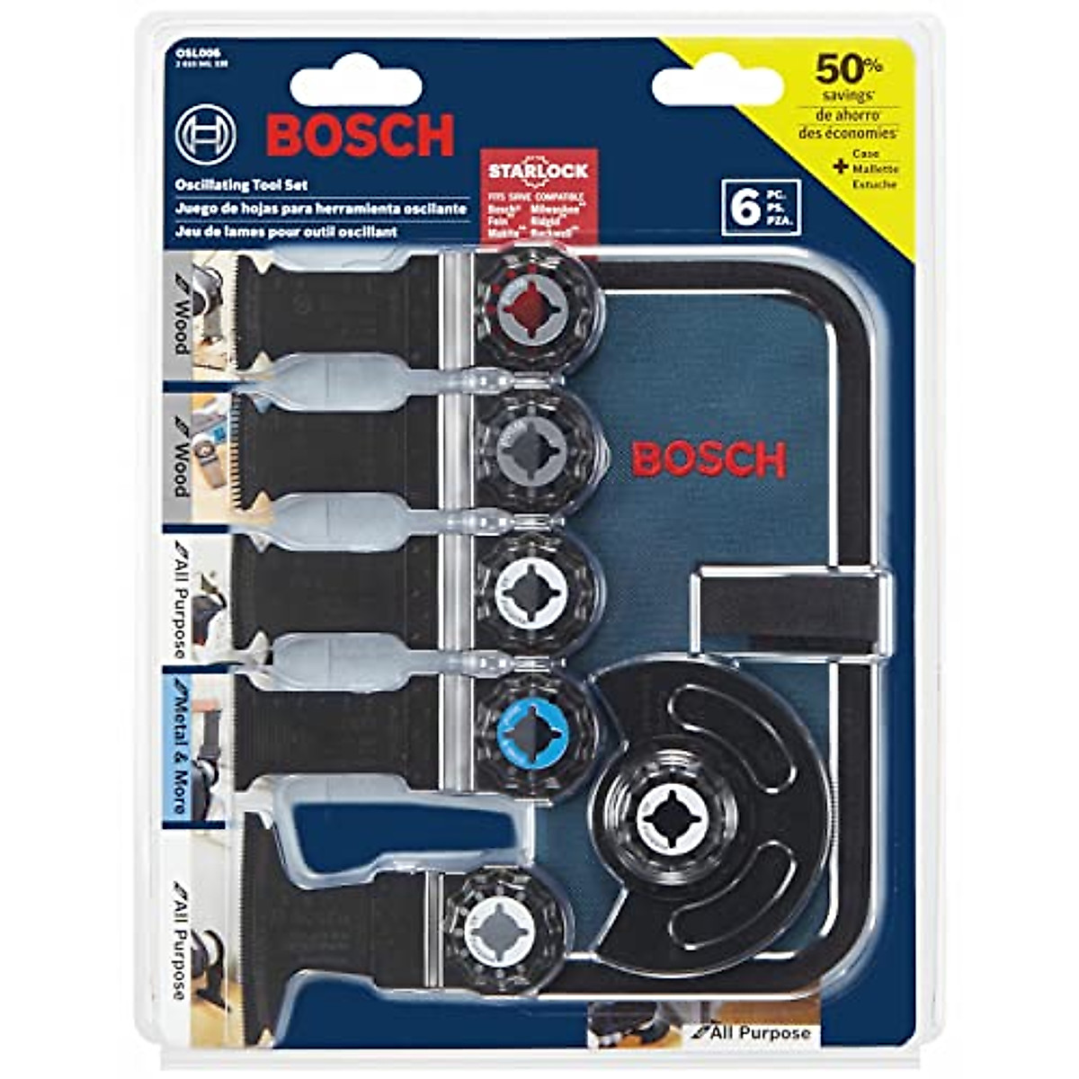 BOSCH OSL006 5-Piece Starlock Oscillating Multi Tool Assorted Set Blades for Mixed Applications in Metal, Wood and Other General Purpose Materials with Included Pouch