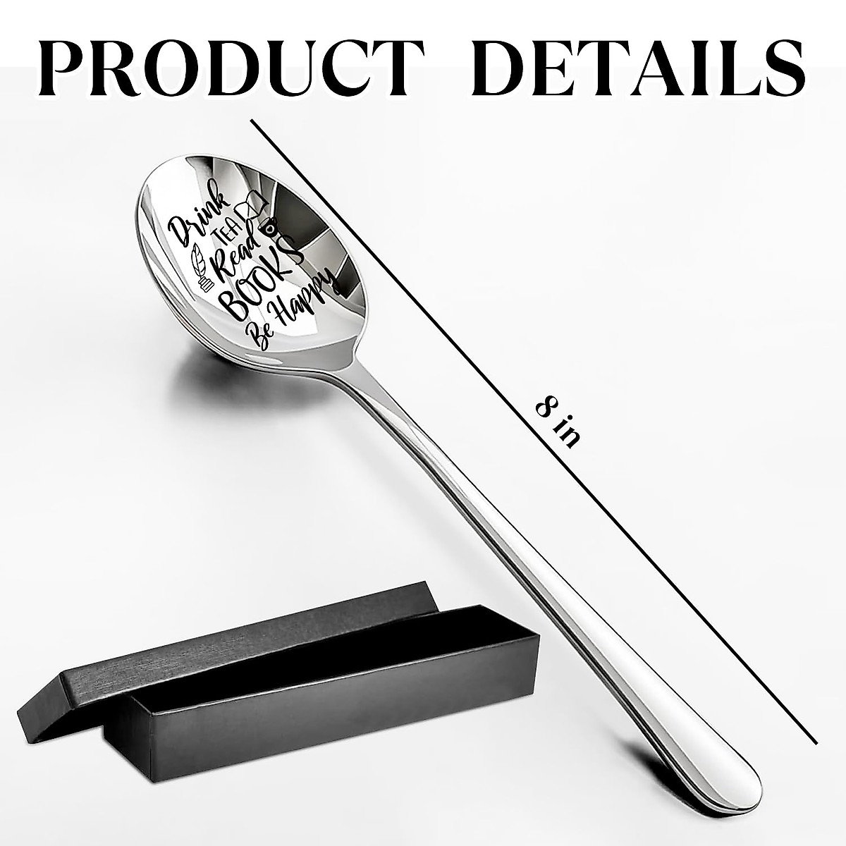 Drink Tea Read Books Stainless Steel Spoon Long Handle Spoon, Coffee Tea Spoon and Ice Cream Spoon for Tea Book Lovers Men Boys and Girls Birthdays Christmas Thanksgiving Gift