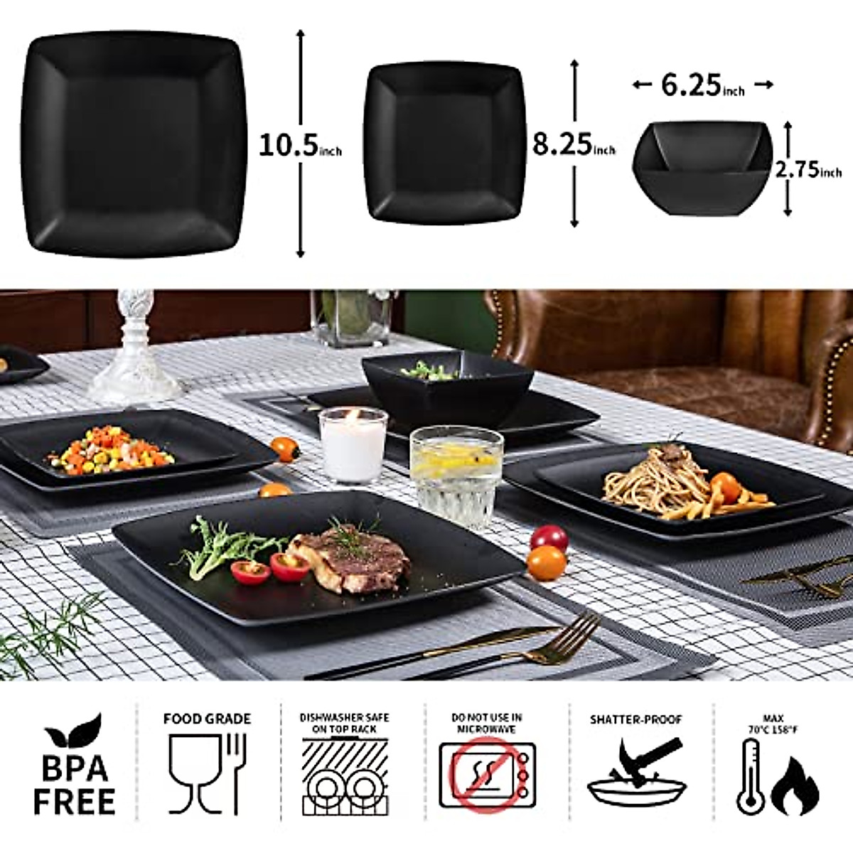 Melamine 12pcs Classic Square Dinnerware Set, Concise Plates and Bowls Set, Service for 4, Dishwasher Safe (Black)