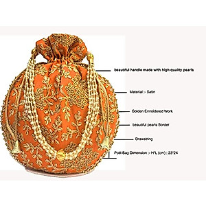 Indian Ethnic Designer Embroidery Silk Potli bag Batwa Pearls Handle Ladies Handbag Purse for Bridal Party Clutch for Women wedding and Gifting (Orange)