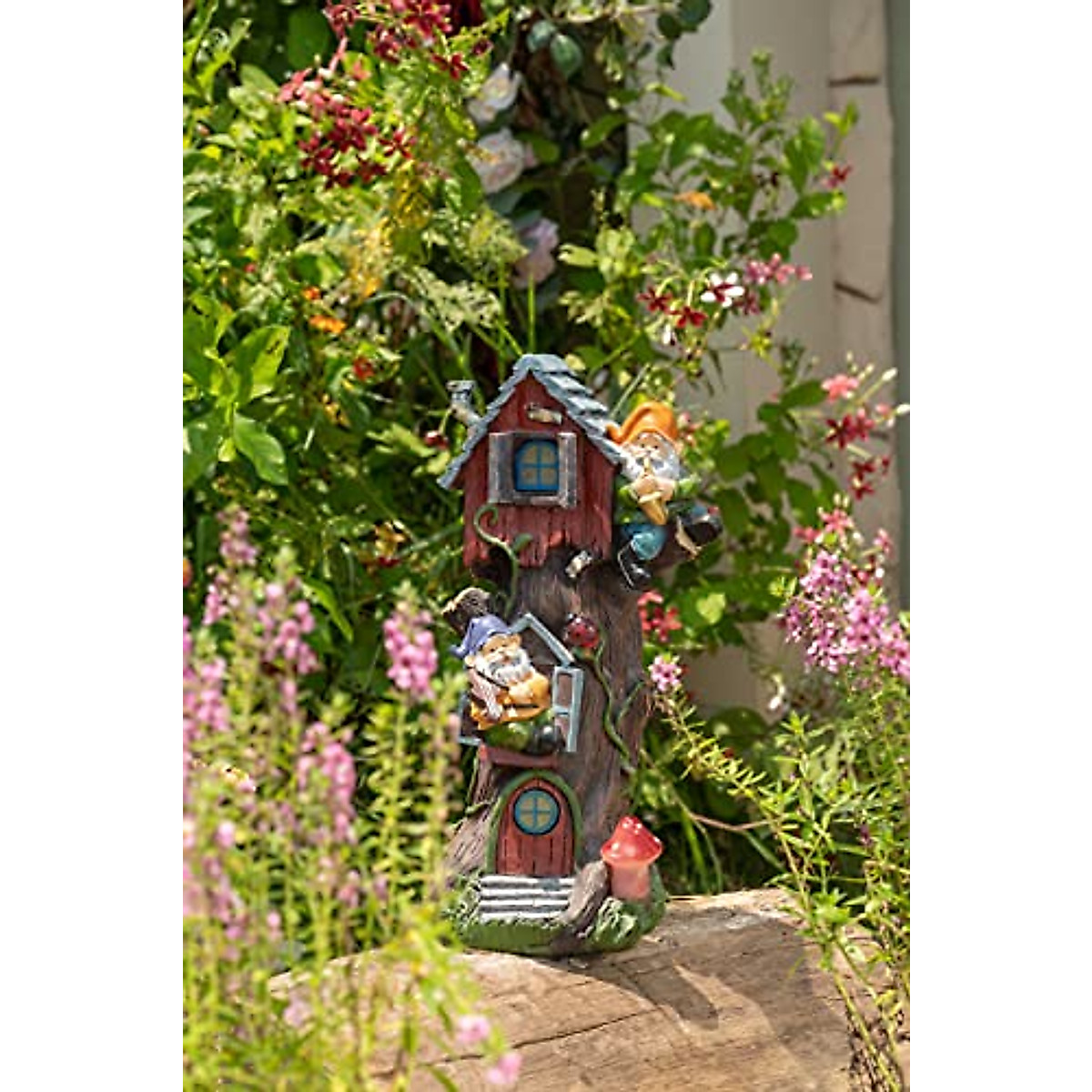 TERESA'S COLLECTIONS 14.8 Inch Tall Large Garden Gnome Statues with Solar Lights, Funny Garden Sculptures Treehouse Figurines Resin Lawn Ornaments for Outside Outdoor Patio Yard Decoration