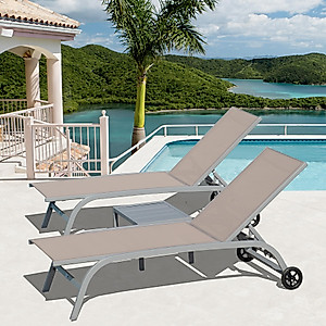 Domi Pool Lounge Chairs Set of 3, Adjustable Aluminum Outdoor Chaise Lounge with Wheels Patio Lounge Chairs with Side Table, All Weather for Deck Lawn Poolside Backyard-Khaki Textilene