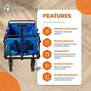 Seina Heavy Duty Steel Compact Collapsible Folding Outdoor Portable Utility Cart Wagon w/All Terrain Rubber Wheels and 150 Pound Capacity, Black/Grey