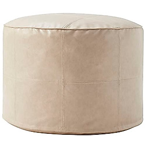 Ornavo Home Faux Leather Unstuffed Round Boho Moroccan Pouf Ottoman, Floor Footrest Cushion for Living Room - Beige