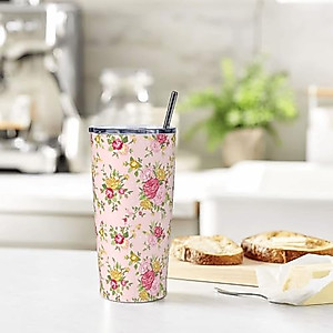 Yaxongx 20oz Tumbler Rose Flower Double Wall Vacuum Insulated Coffee Mug with Lid and Metal Straw Brush Reusable Stainless Steel Water Bottle Travel Cup Gifts for Car Ice Drinks Hot Beverage
