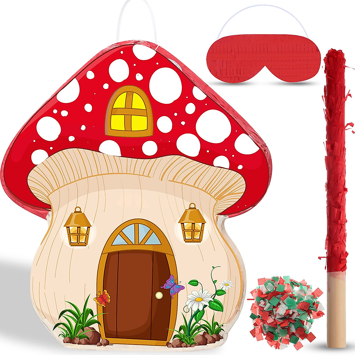Mushroom Piñata with Stick and Blindfold Fairy Piñata 3D Mushroom Shaped Piñata for Kids Birthday Party Mushroom Hanging Decoration Piñata for Forest Jungle Woodland Baby Shower Party Supplies