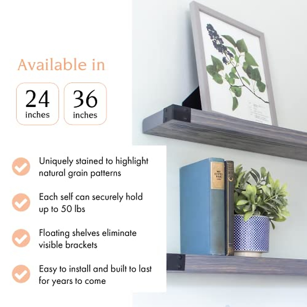 Willow & Grace Designs Modern Rustic Wooden Easily Mounted Floating Wall Shelves for Home Living Rooms and Bedrooms, Rustic Gray, 24 Inch, (Set of 2)