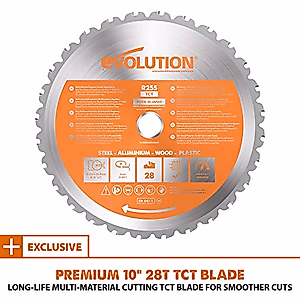 Evolution Power Tools R255SMS+ PLUS 10-Inch Sliding Miter Saw Plus Multi-Material Multi-Purpose Cutting Cuts Metal, Plastic, Wood & More 0˚ - 45˚ Bevel & 50˚ - 50˚ Miter Angles TCT Blade Included