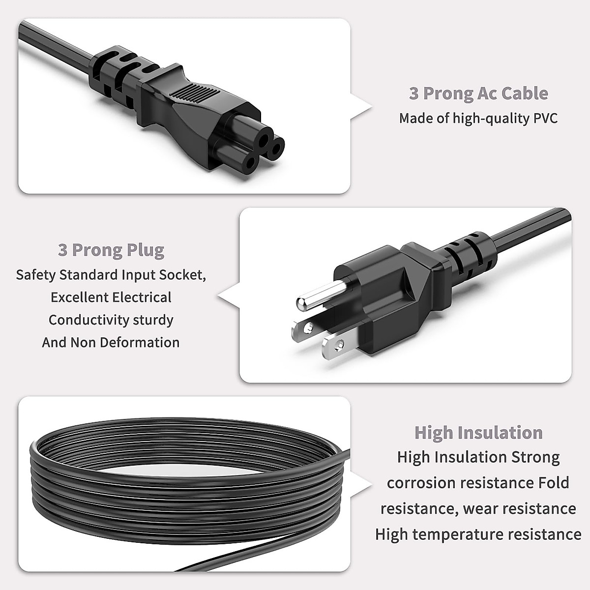 3 Prong Power Cord Replacement Power Cable for Computers, TV, Monitors, Dell, IBM, HP, Asus, Sony, Samsung, Toshiba, Lenovo, Acer, Epson Printer, LG LED LCD Smart 1080p HDTV, 6 Ft AC Cable