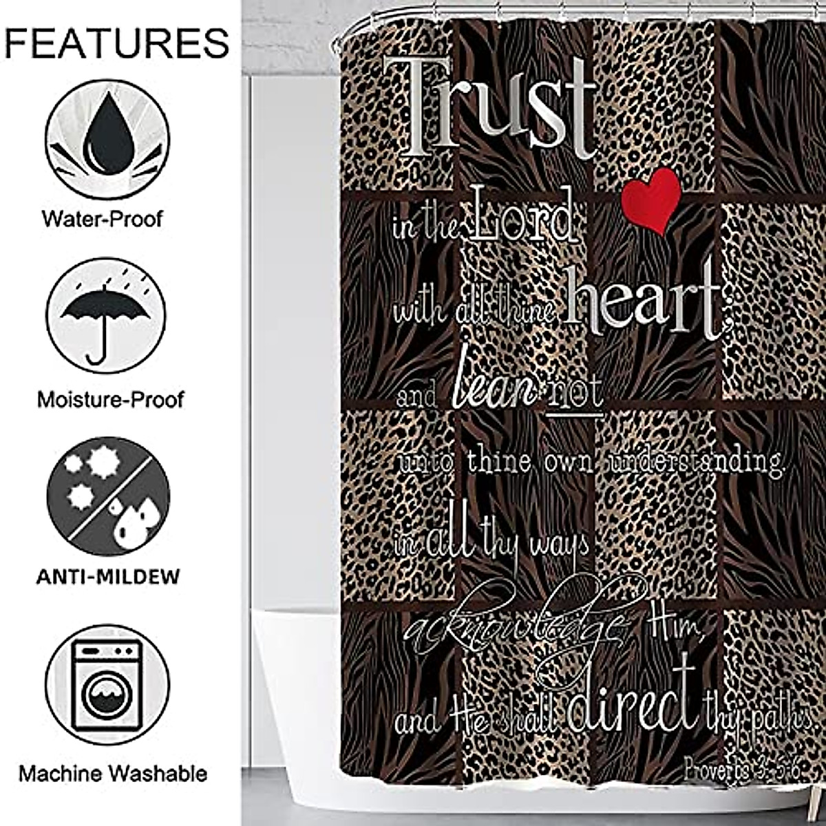 GUDAGUU 4 Pcs Leopard Print Bathroom Shower Sets Includes Brown Shower Curtain Bath Rug U Shape Mat Toilet Seat Cover and Hooks, 71 inch Size Long Bathroom Accessories Decor