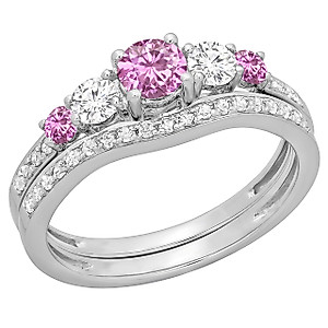Dazzlingrock Collection Round Pink Sapphire & White Diamond 5 Stone Engagement Ring Matching Band Wedding Ring Set, 10K White Gold, Size 6
