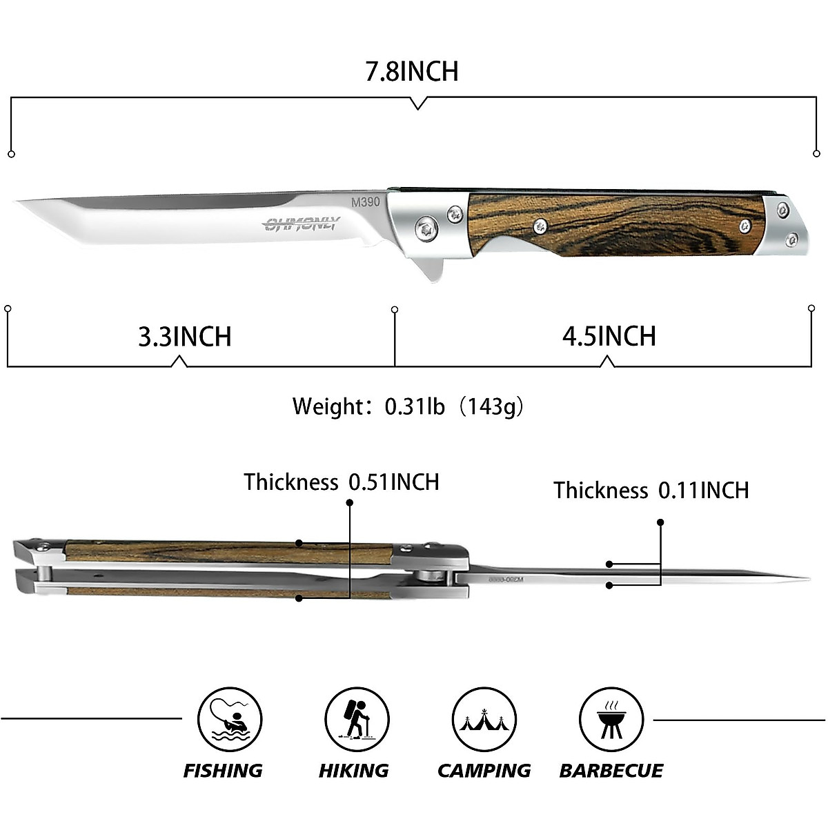 ohmonlyhoo Pocket Knife for Men, 3.5 inch Folding Knife with Wooden Handle and Leather Sheath, Edc ​Tanto Knife for Men and Women