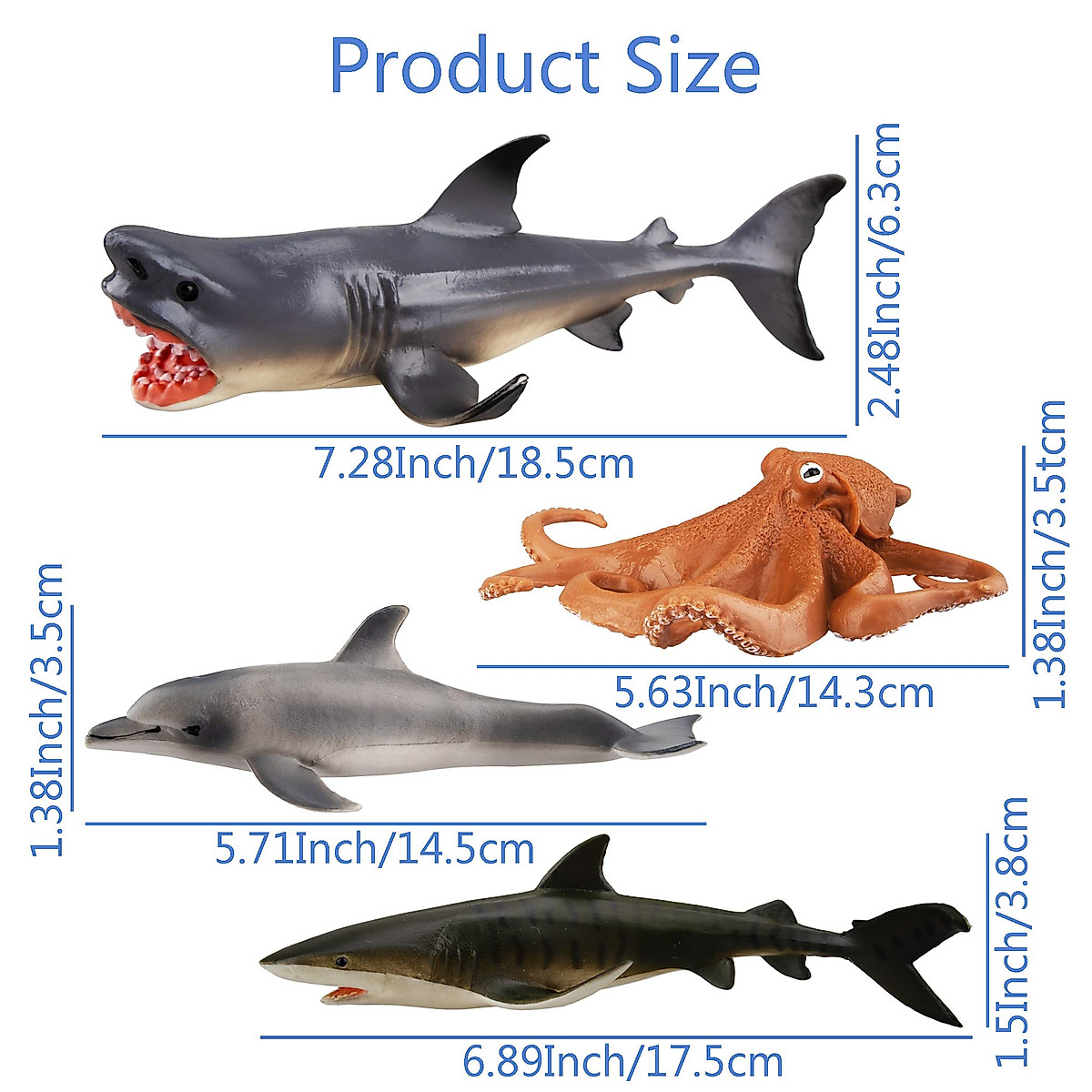 TOYMANY 8-Piece Large Sea Animal Figurines Set: 4-8" Sharks, Whales & Dolphin, Bath Toys, Cake Toppers, Birthday Gifts for Kids & Toddlers