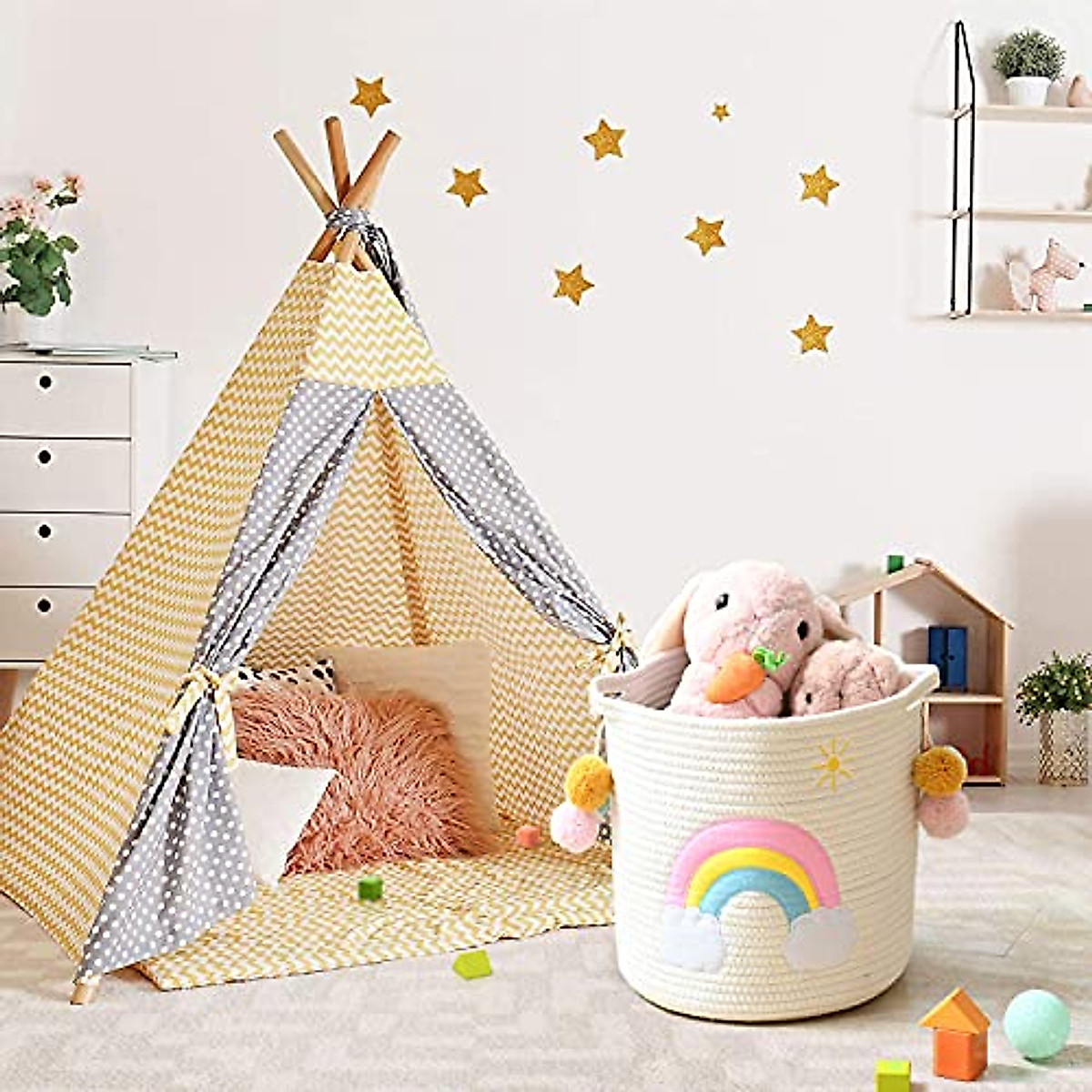 INough Woven Storage Baskets for Kids, Cotton Rope Toy Baskets with Handles Large Rainbow Storage Bins Dog Toys Organizer Solution for Office, Bedroom, Closet, Laundry (Rainbow)