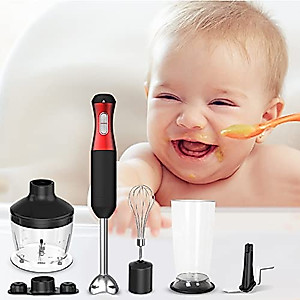 Immersion Hand Blender 5 in 1,Powerful 20 Speed Handheld Stick Blender with 800ml Beaker,500ml Food Chopper,Stainless Steel Whisk and Ice Crush Blade,BPA-Free for Smoothie, Baby Food, Sauces Red,Puree, Soup